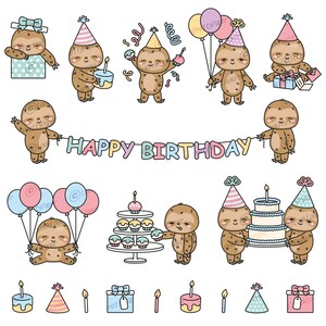 Premium Vector Clipart - Kawaii Birthday Sloths - Cute Birthday Sloth ...