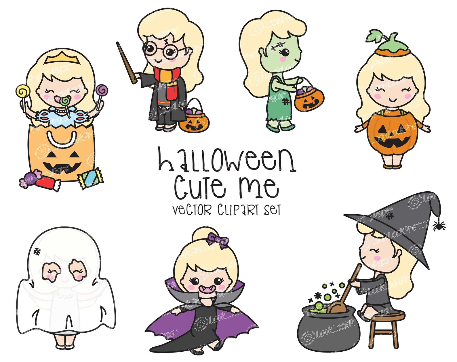 Premium Vector Clipart Kawaii Halloween Girl Cute Me - Etsy