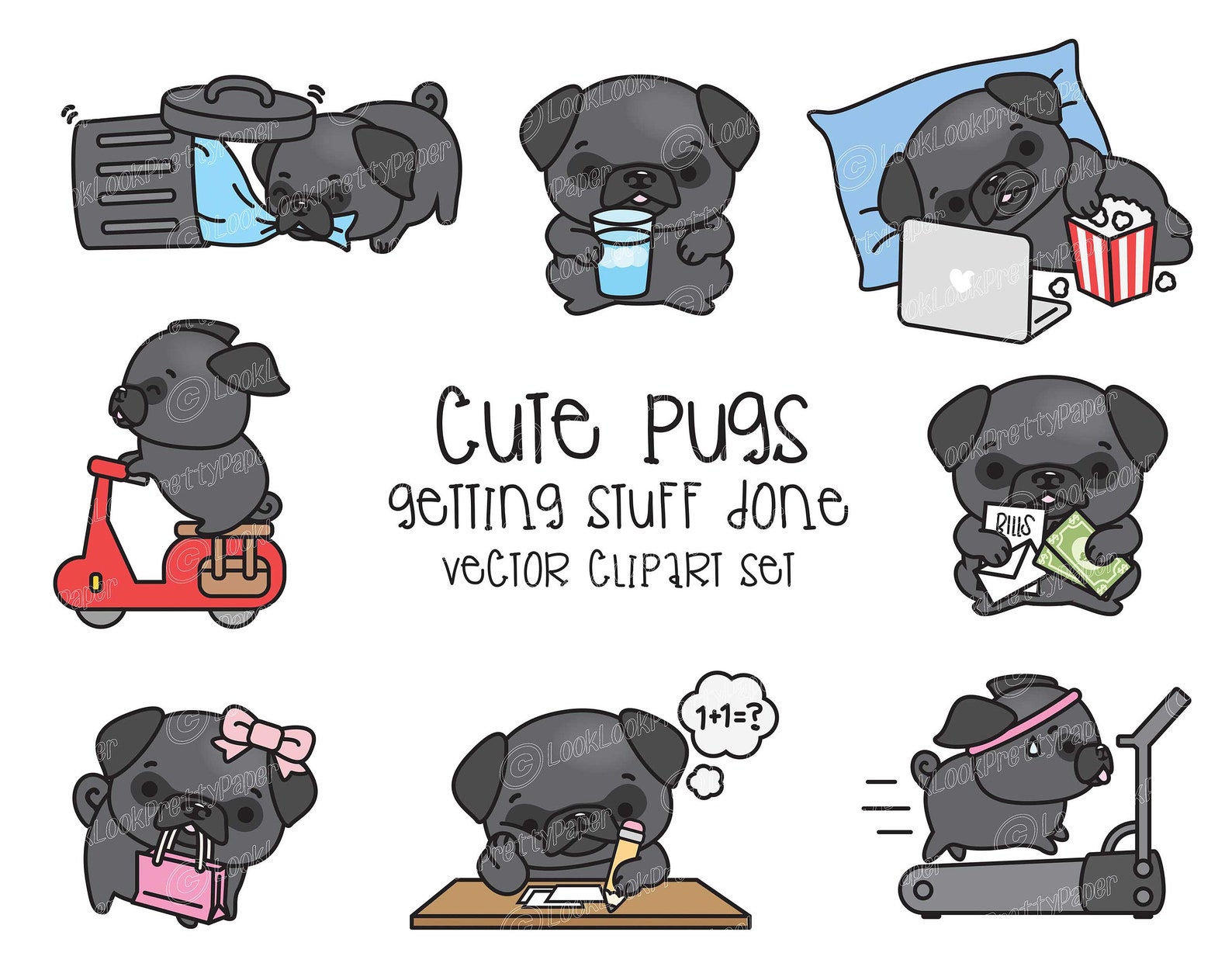 Premium Vector Clipart Kawaii Black Pug Cute Black Pugs | Etsy