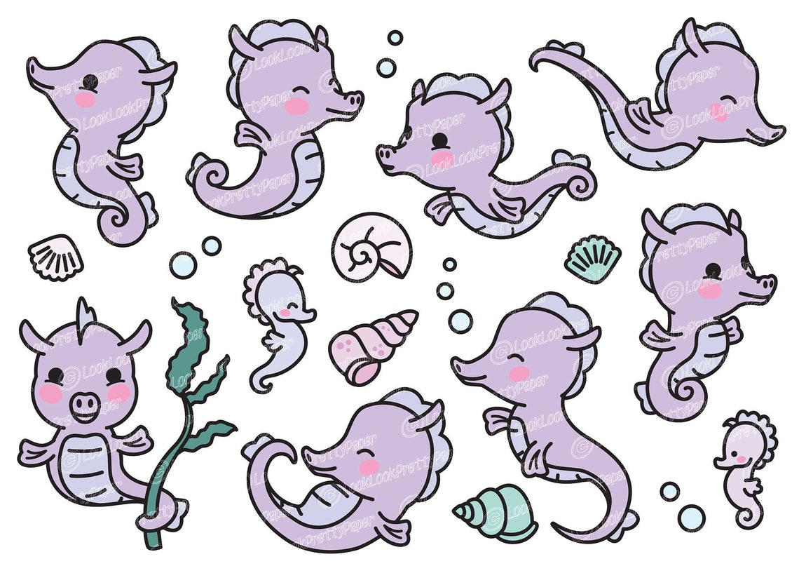 Premium Vector Clipart - Kawaii Sea Horse - Cute Seahorse Clipart Set ...