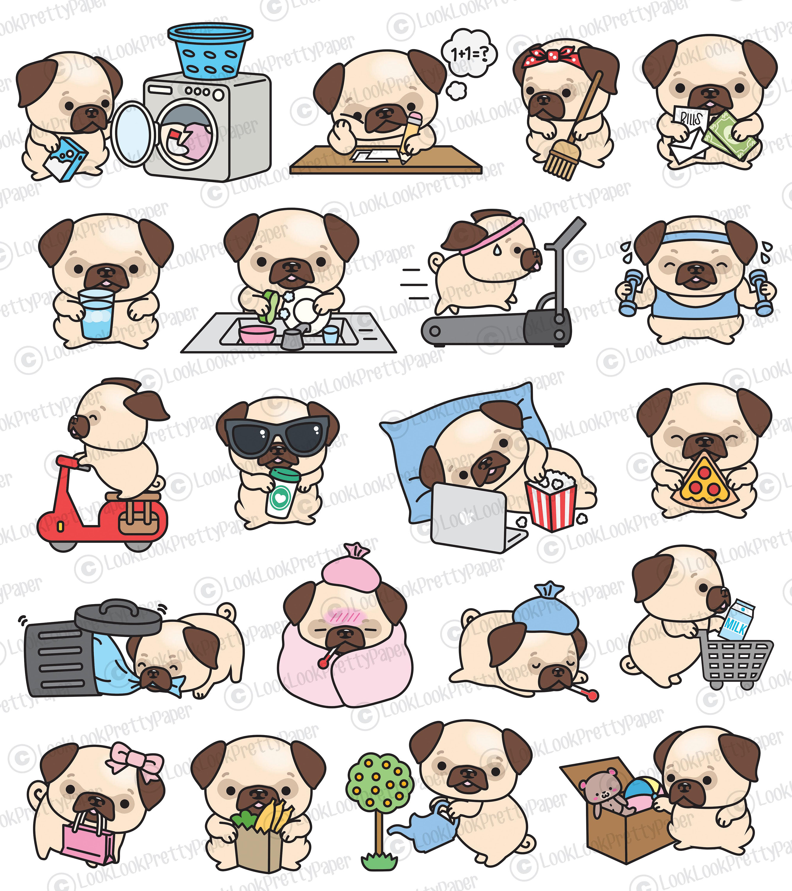 Premium Vektor Clipart Kawaii Mops Cute Mops Planning - Etsy Schweiz