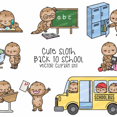 Premium Vector Clipart Kawaii Sloths Back to School Cute - Etsy