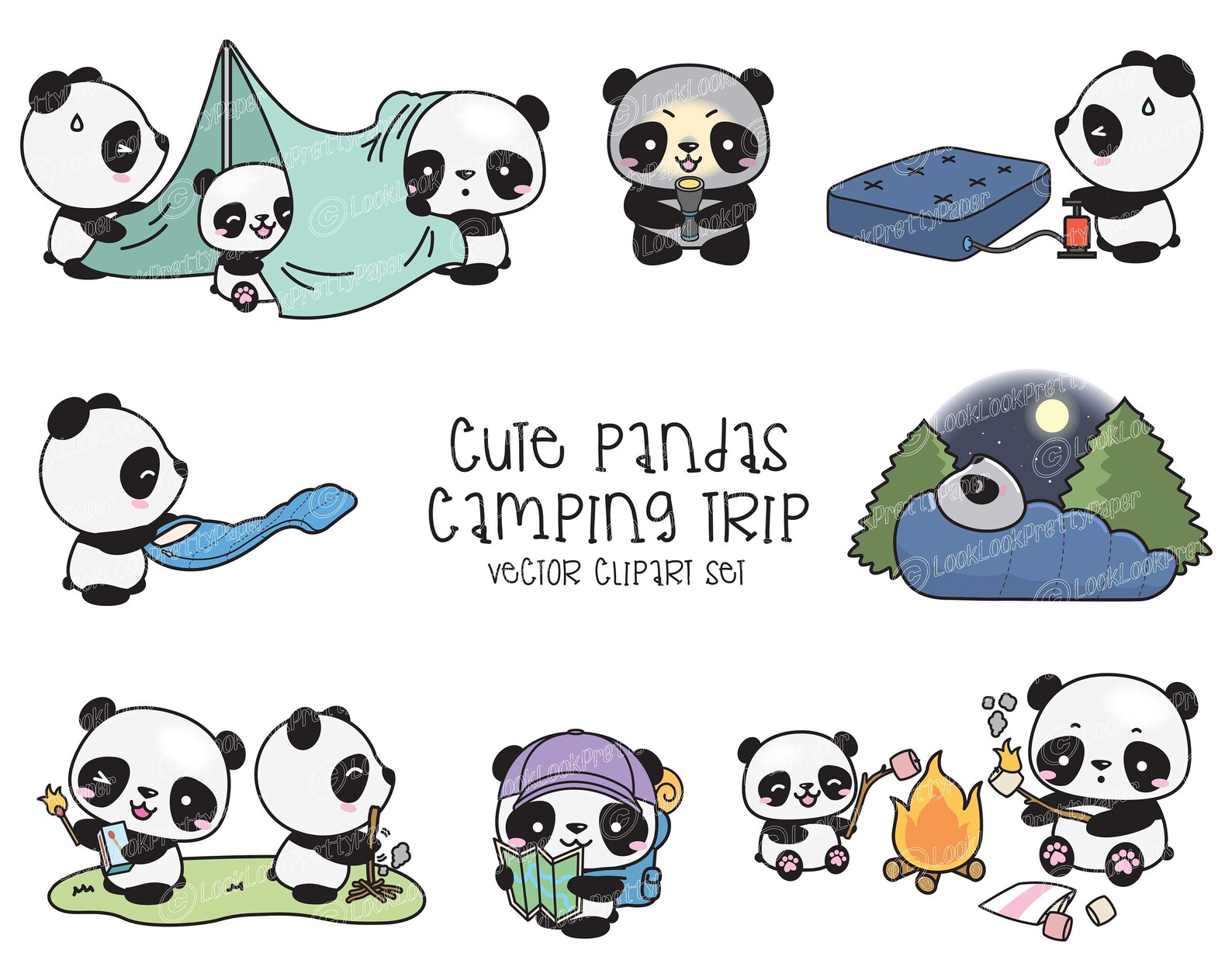 Premium Vector Clipart Kawaii Pandas Back to School Cute - Etsy