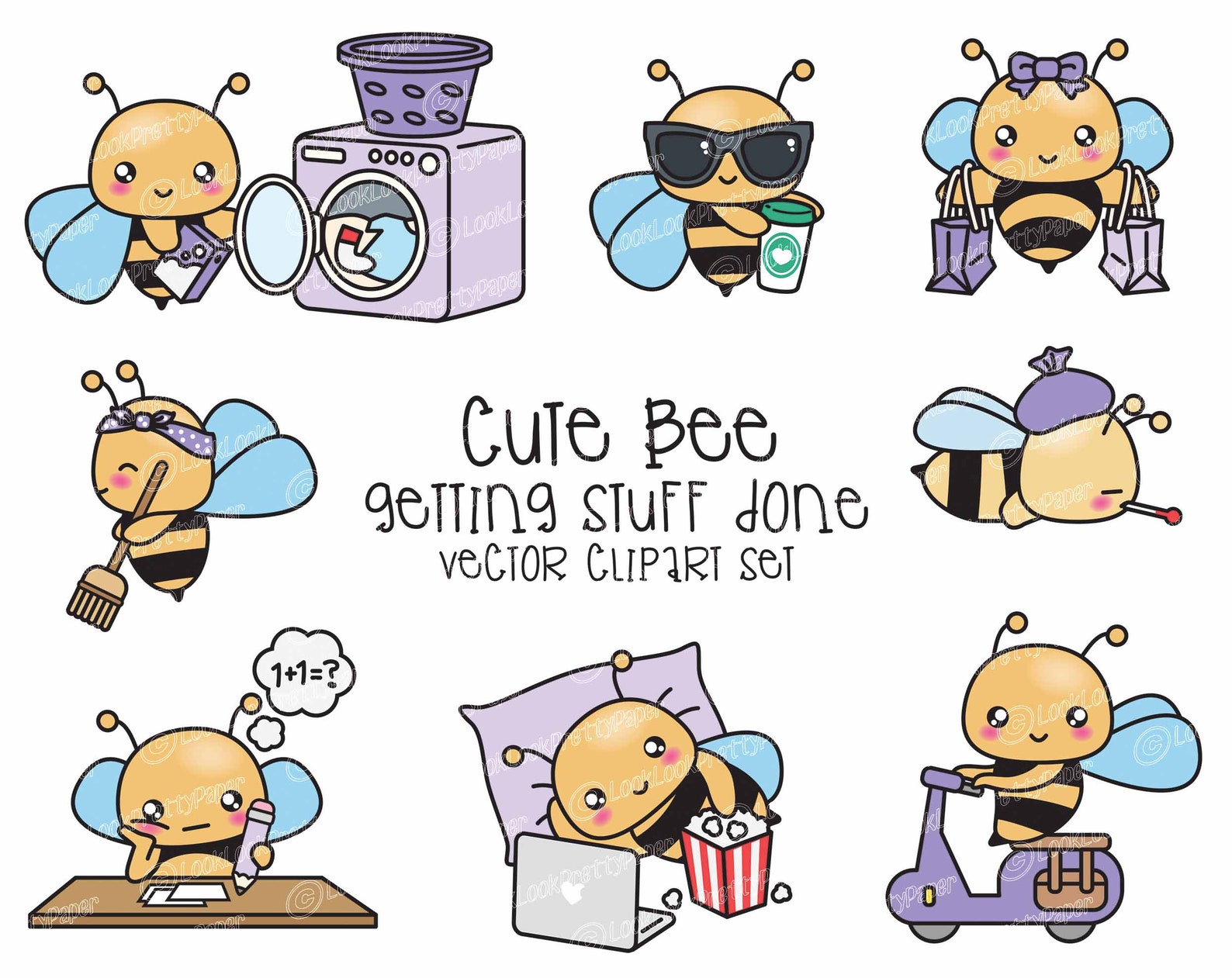 Premium Vector Clipart Kawaii Bee Cute Bees Planning - Etsy