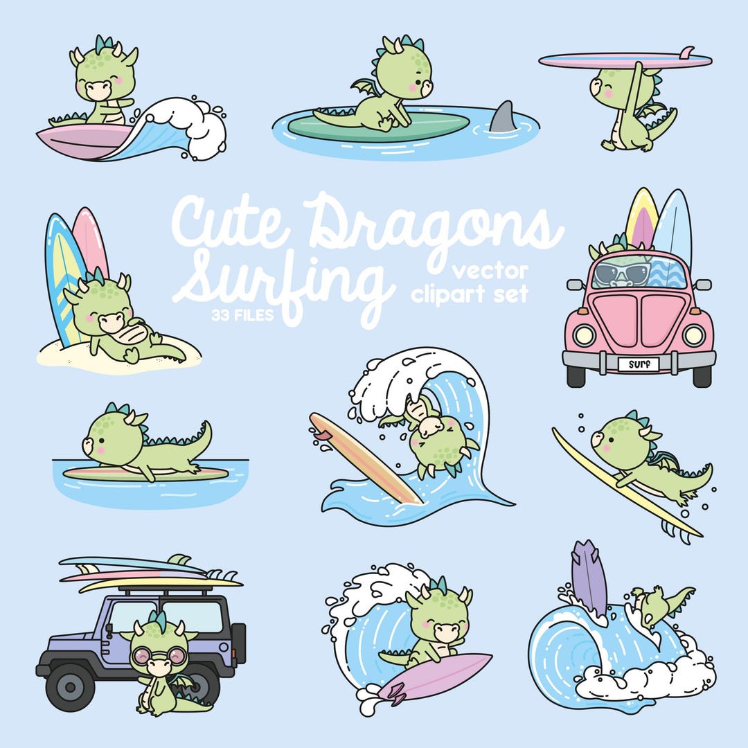 Premium Vector Clipart - Kawaii Dragons Surfing - Cute Dragons Surf ...