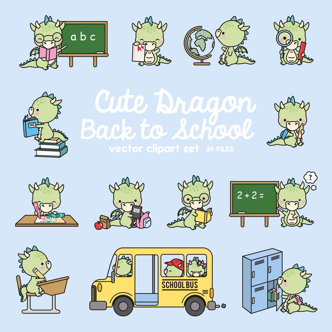 Premium Vector Clipart - Kawaii Dragons Back to School - Cute Dragons ...