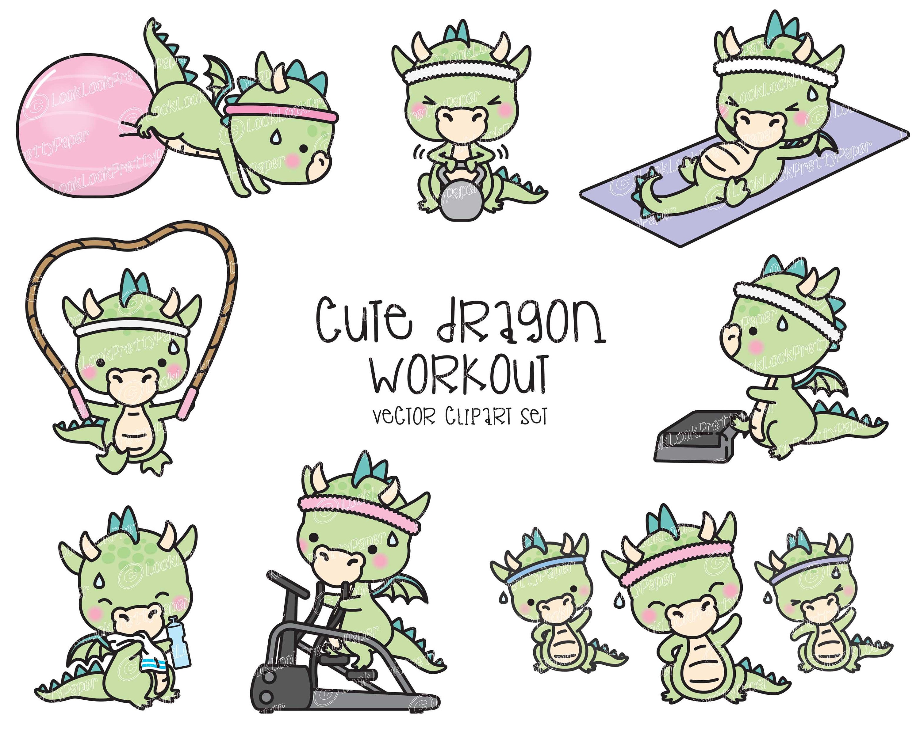 Premium Vector Clipart Kawaii Workout Dragons Leuke - Etsy Nederland