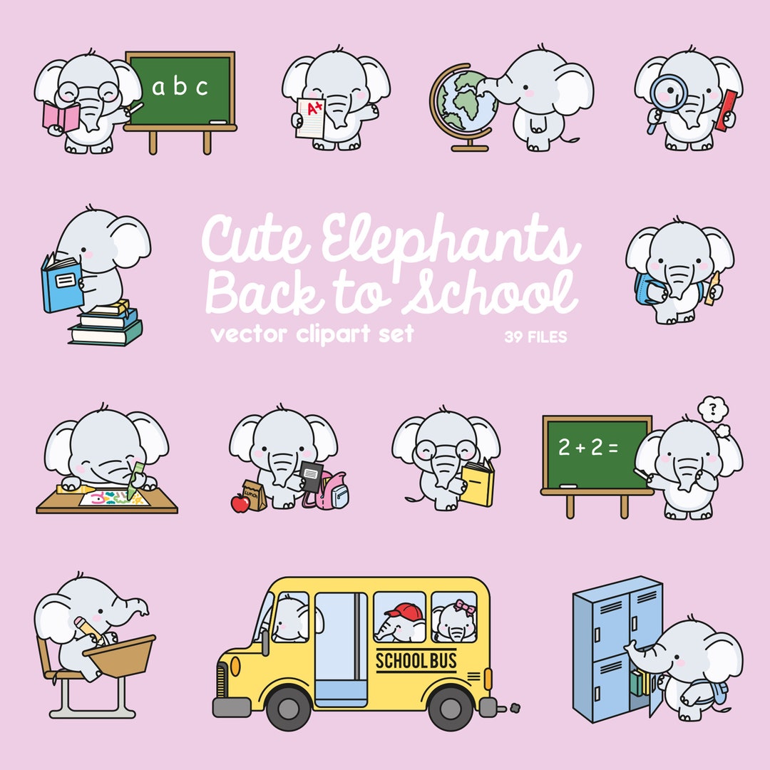 Premium Vector Clipart - Kawaii Elephants Back to School - Cute ...