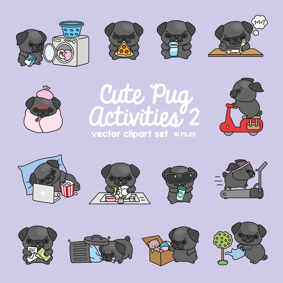 Premium Vector Clipart - Kawaii Black Pug - Cute Black Pugs Planning ...
