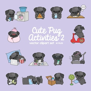 Premium Vector Clipart - Kawaii Black Pug - Cute Black Pugs Planning ...
