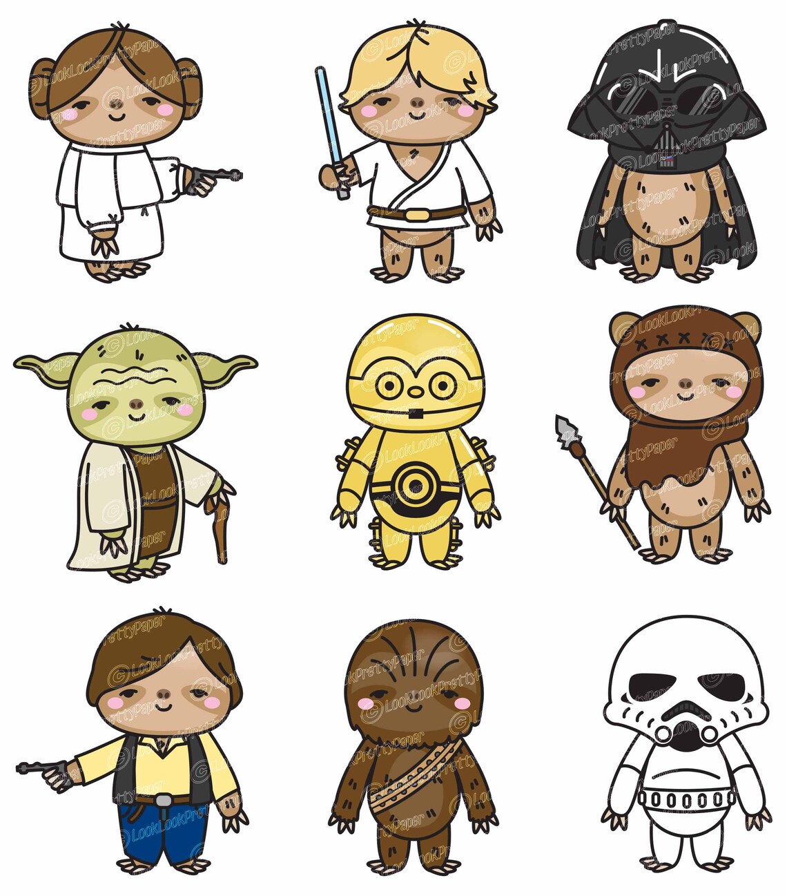 Premium Vector Clipart Kawaii Sloths Star Wars Cute Sloths | Etsy