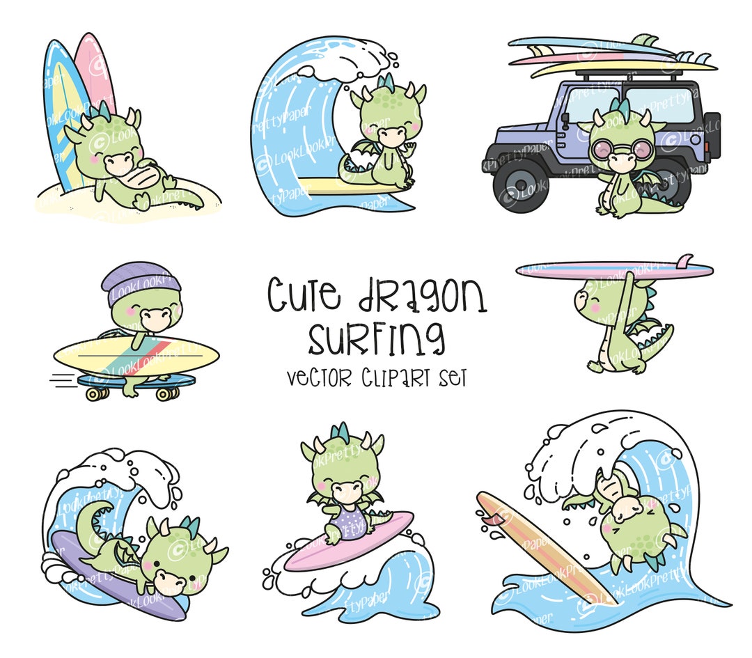 Premium Vector Clipart Kawaii Dragons Surfing Cute Dragons Surf Clipart ...