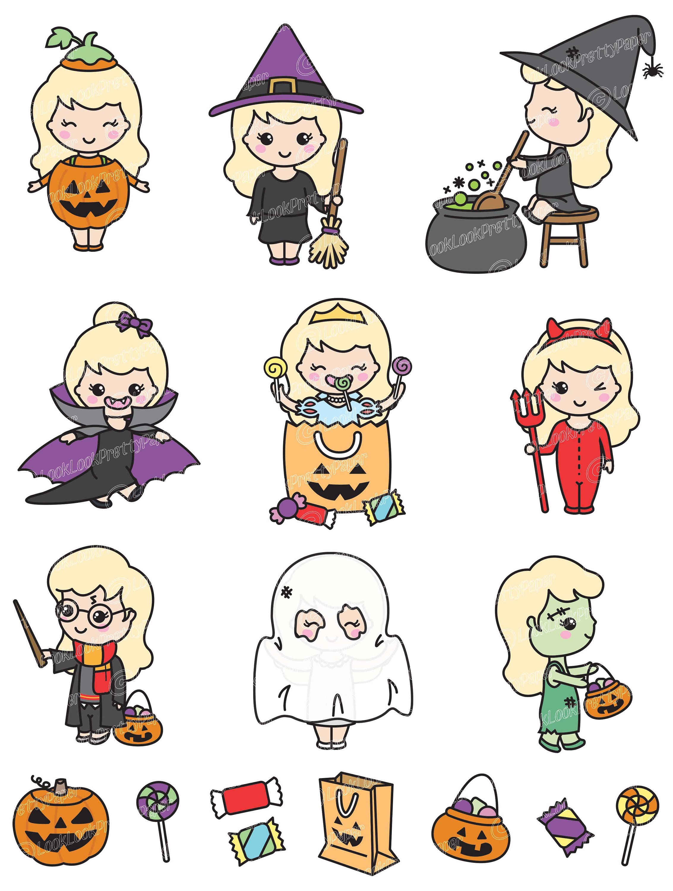 Premium Vector Clipart Kawaii Halloween Girl Cute Me | Etsy