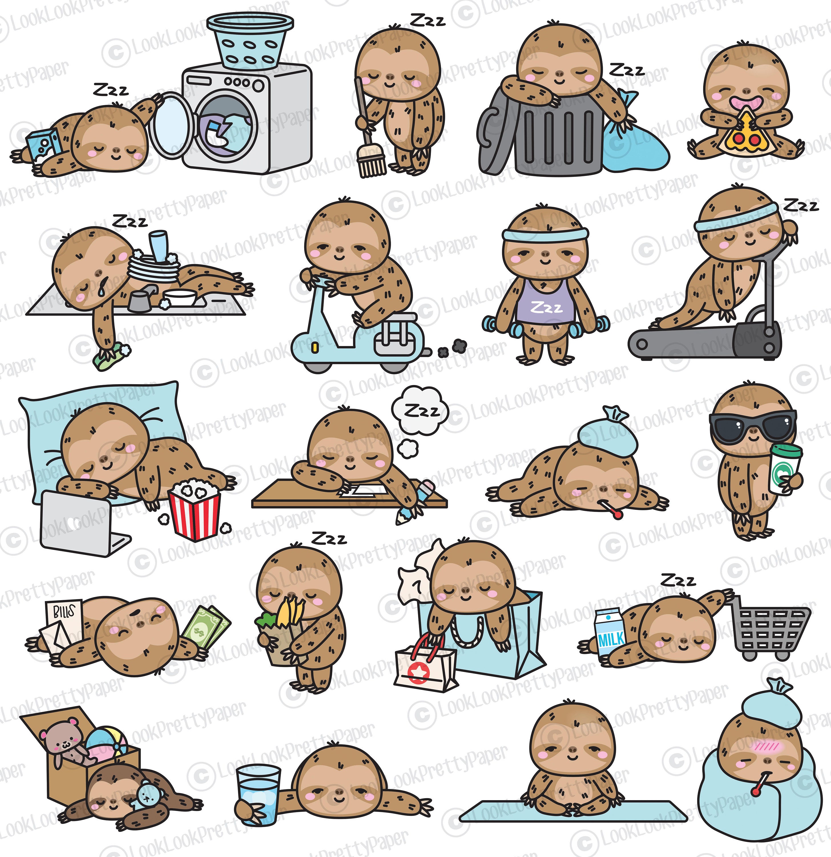 Premium Vector Clipart Kawaii Sloth Cute Sloth Planning | Etsy