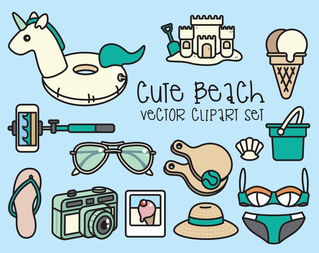 Premium Vector Clipart Cute Beach Clipart Kawaii Beach Day Clip Art Set ...