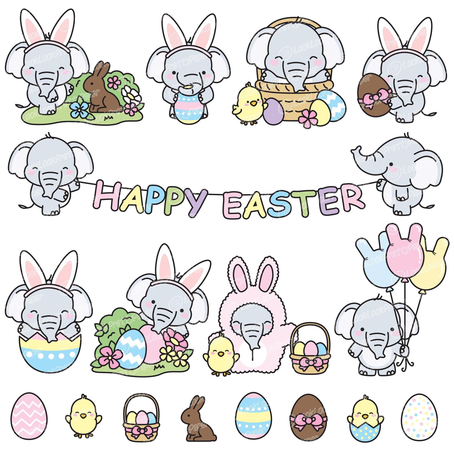 Premium Vector Clipart Kawaii Easter Elephants Cute Easter - Etsy