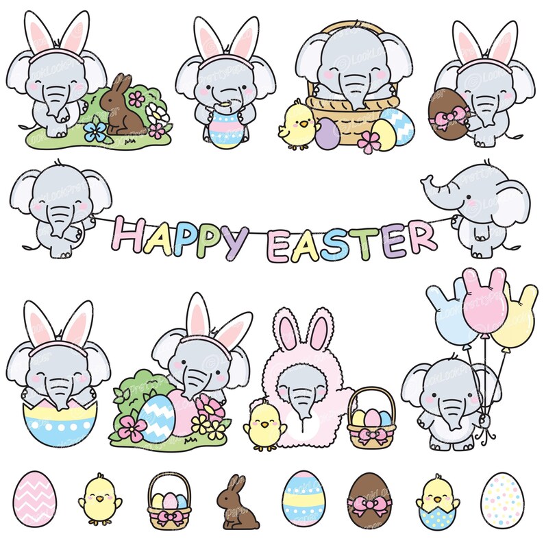 Premium Vector Clipart Kawaii Easter Elephants Cute Easter - Etsy