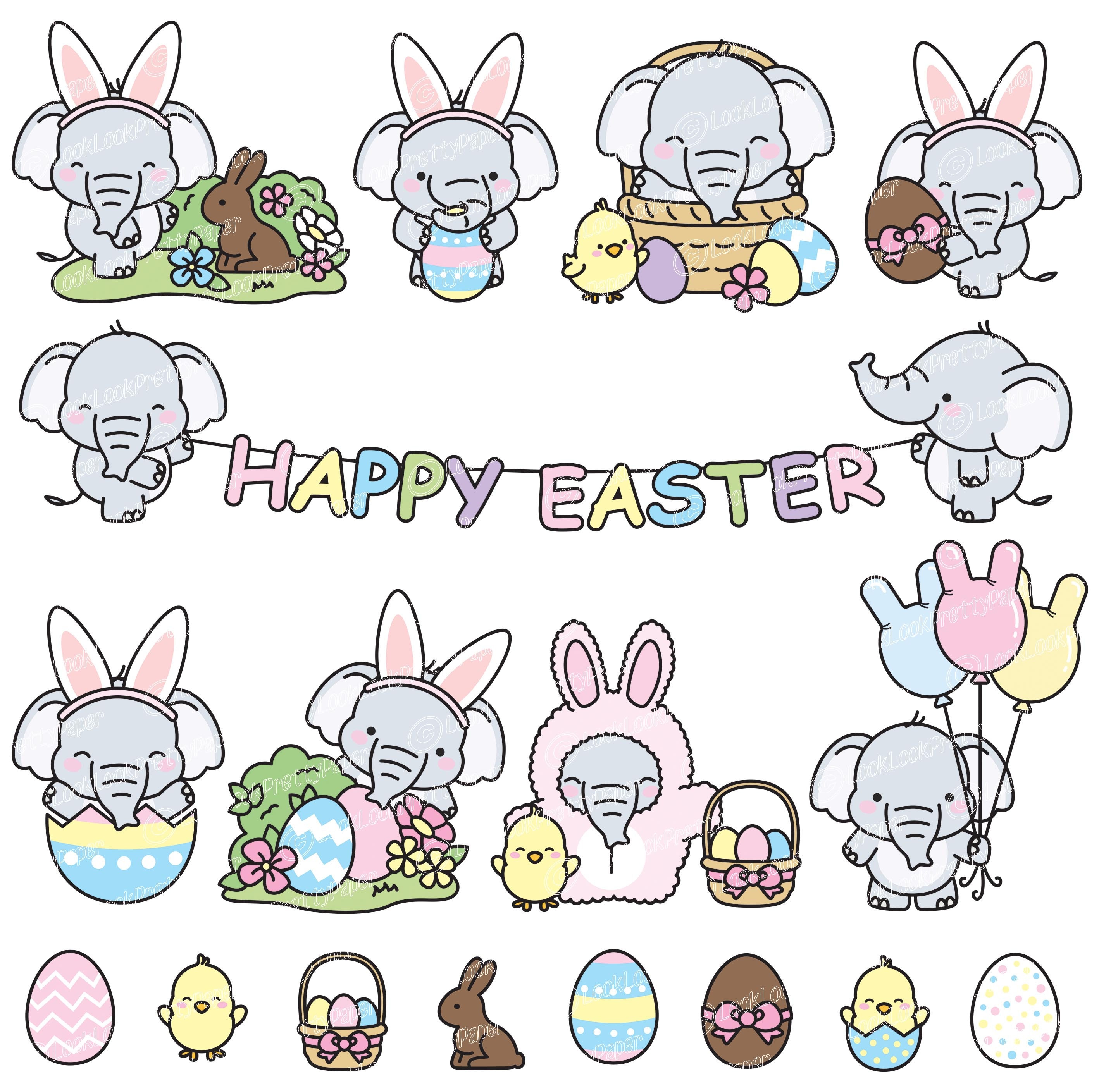 Premium Vector Clipart - Kawaii Easter Elephants - Cute Easter ...