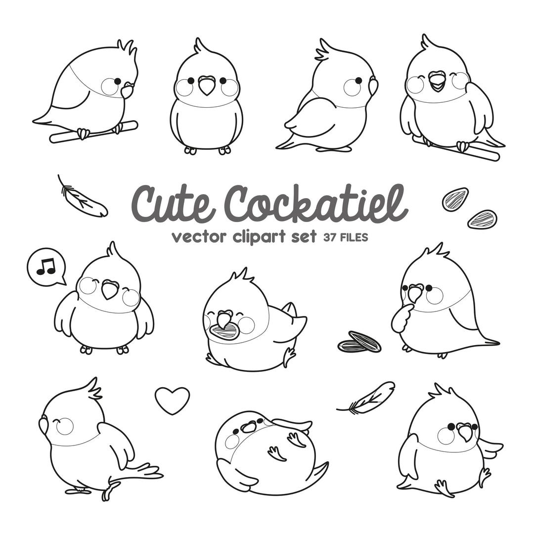 Premium Vector Clipart - Kawaii Cockatiel Outlines - Cute Cockatiel ...