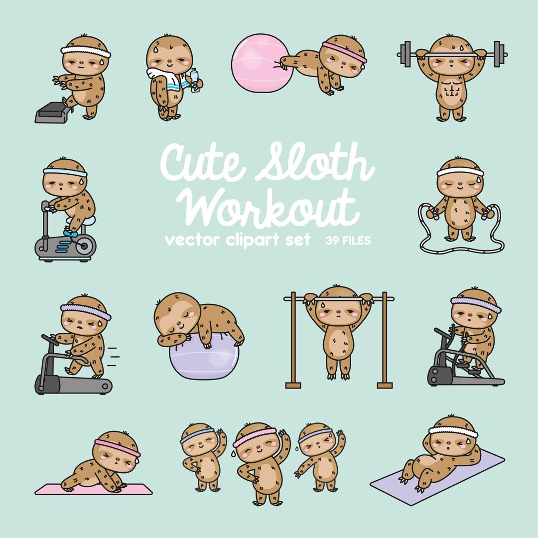 Premium Vector Clipart - Kawaii Workout Sloths - Cute Workout Sloths ...