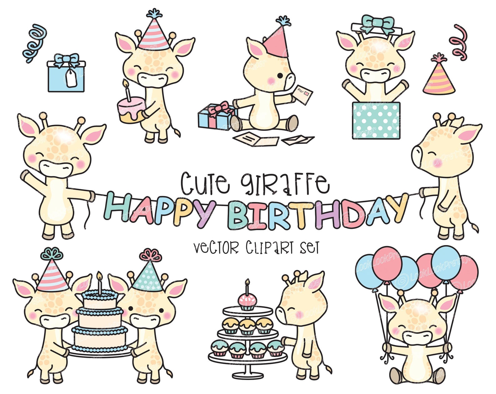 Premium Vector Clipart Kawaii Birthday Giraffes Cute - Etsy