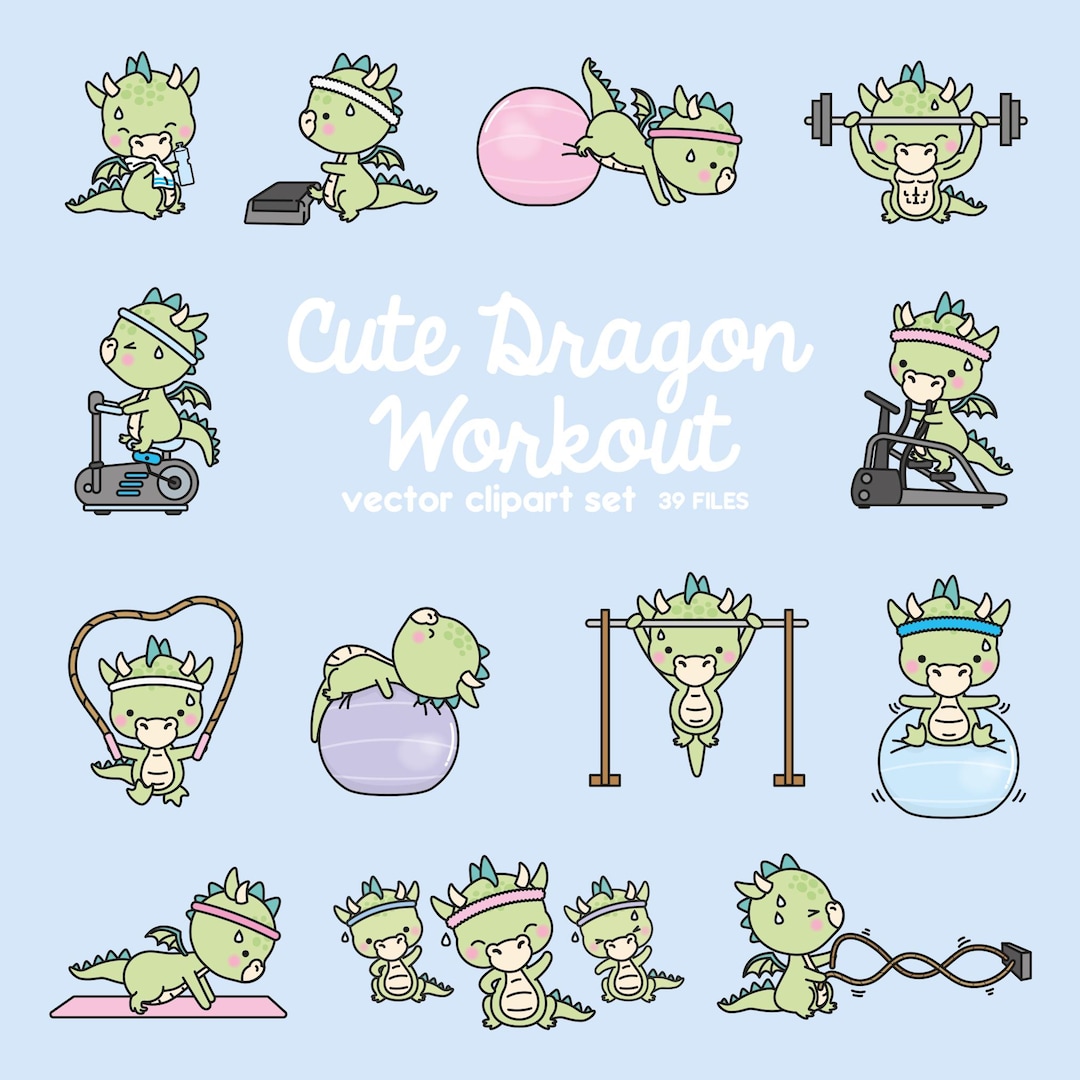 Premium Vector Clipart - Kawaii Workout Dragons - Cute Workout Dragons ...