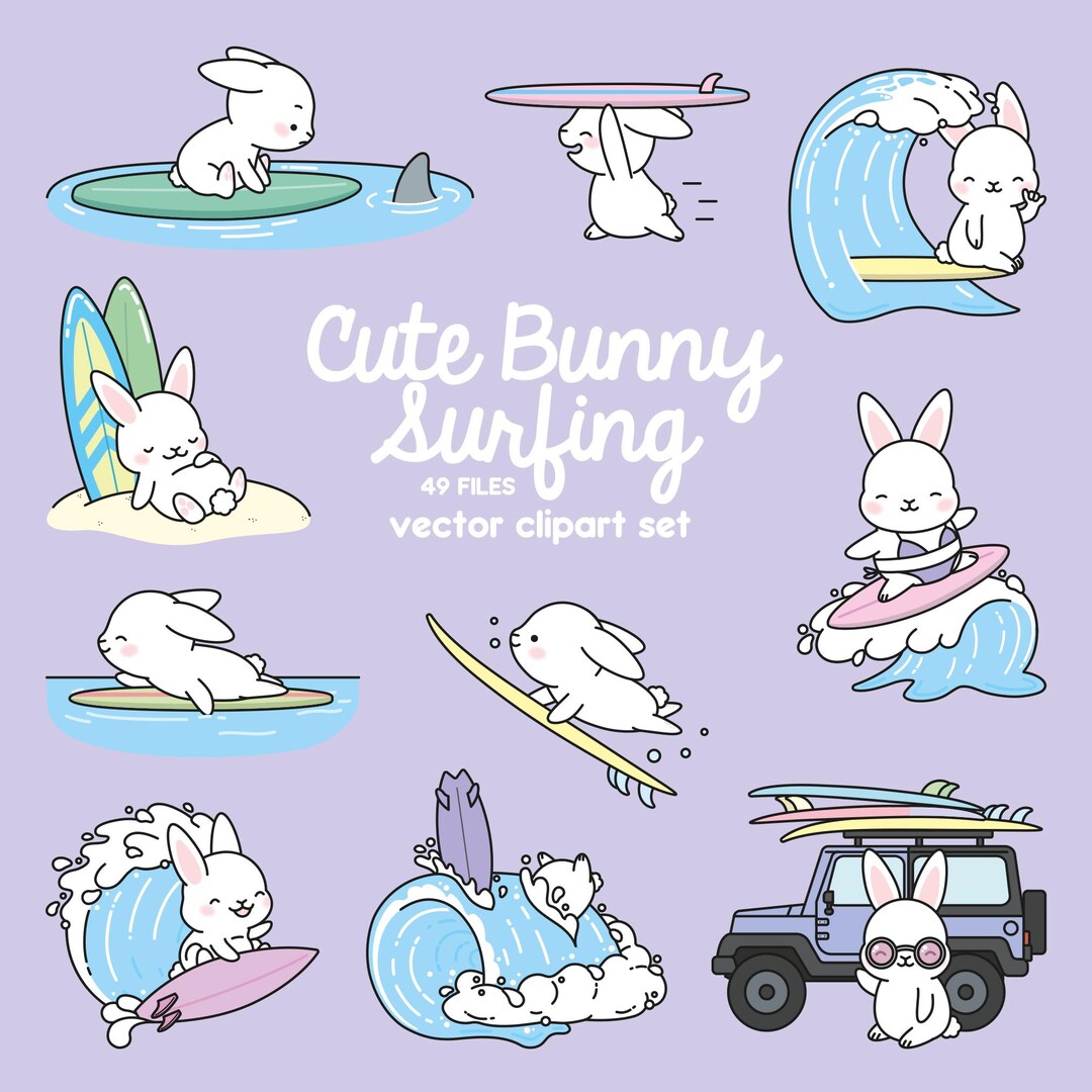 Premium Vector Clipart - Kawaii Bunnies Surfing - Cute Bunny Surf ...