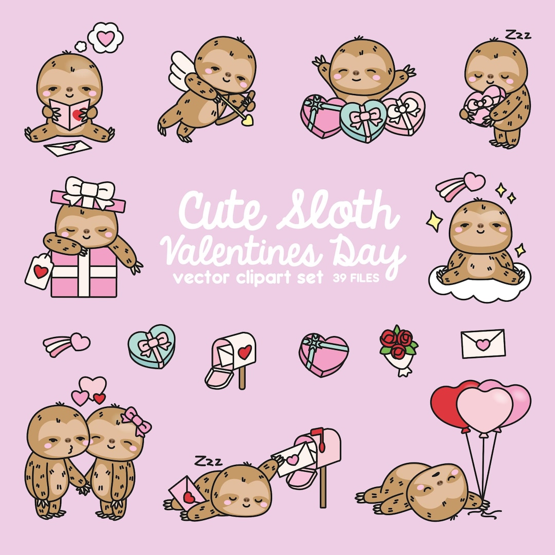 Premium Vector Clipart - Kawaii Valentines Day Sloths - Valentines Day ...