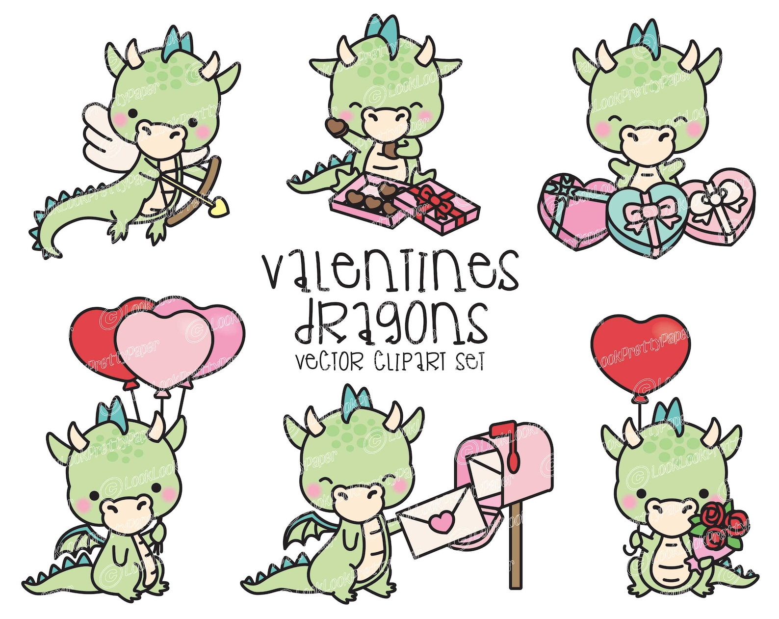 Premium Vector Clipart Kawaii Valentines Day Dragons - Etsy