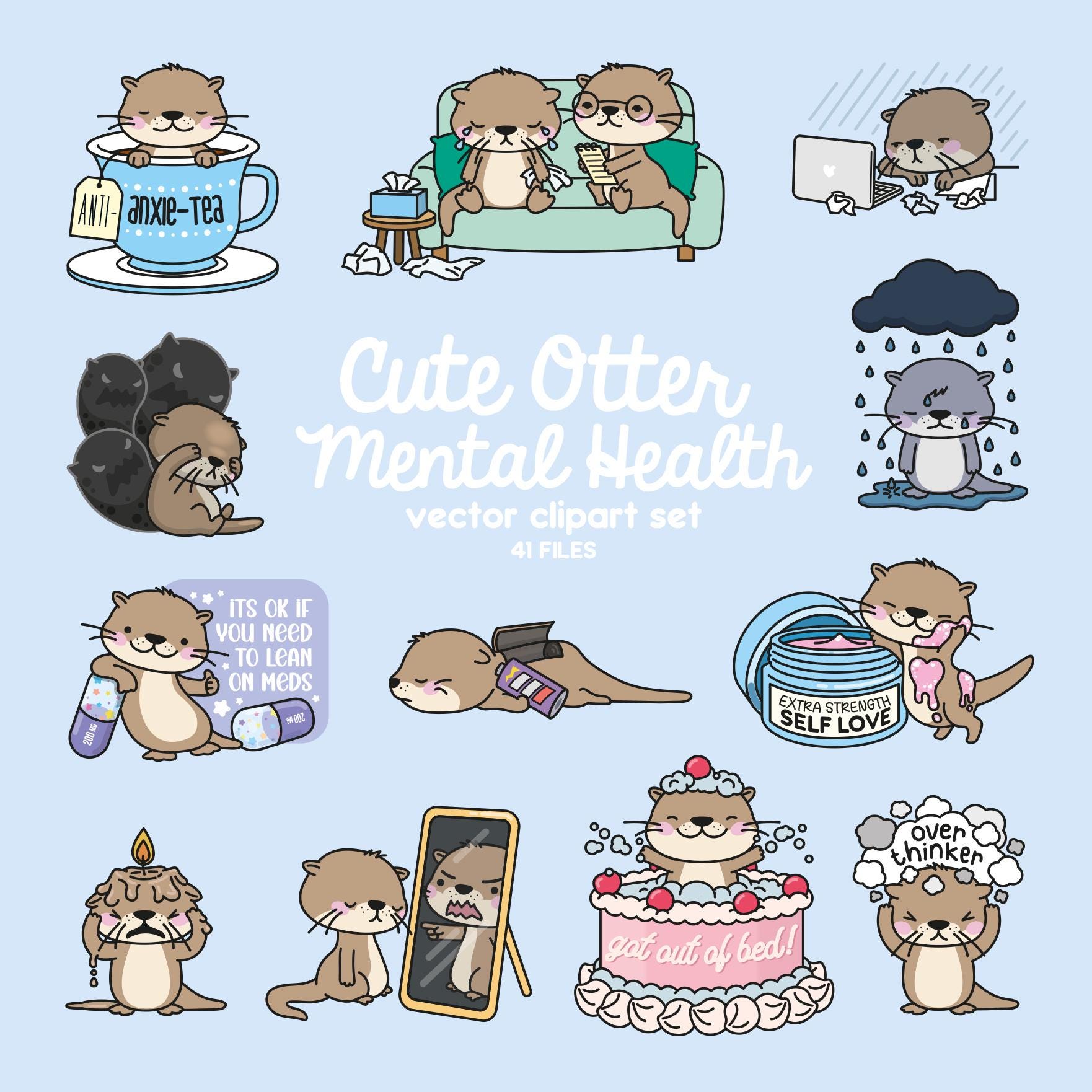 Premium Vector Clipart - Kawaii Otters - Cute Otters Mental Health ...