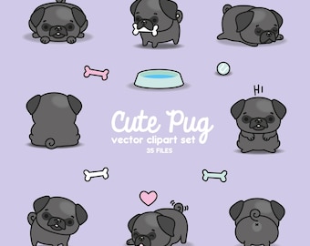 Vector Clipart Kawaii Pugs / Dogs Cute Pugs Clipart Set High Quality ...