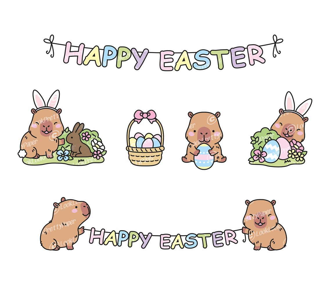 Premium Vector Clipart - Kawaii Easter Capybaras - Cute Easter Capybara ...