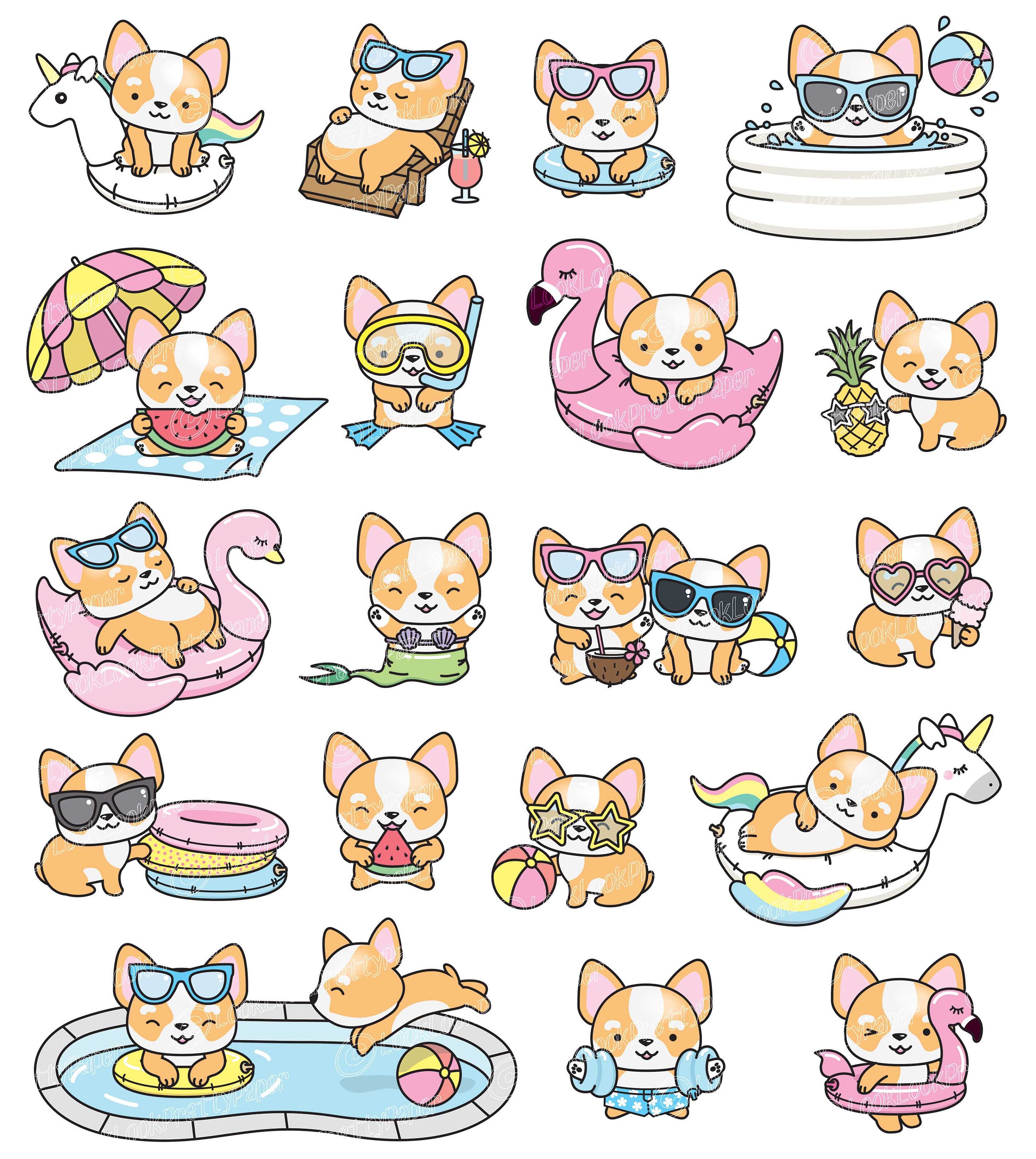Premium Vector Clipart Kawaii Corgi Cute Corgi Pool Party - Etsy Ireland