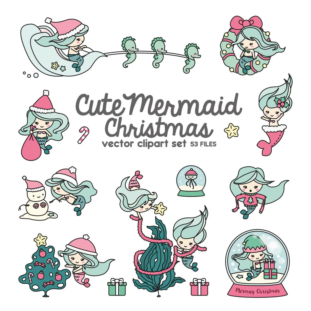 Premium Vector Clipart - Kawaii Christmas Mermaids - Cute Christmas ...