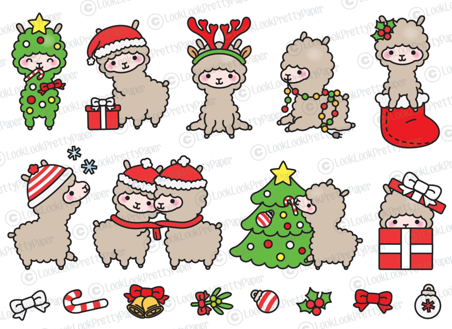 Premium Vector Clipart Kawaii Christmas Llamas Cute | Etsy