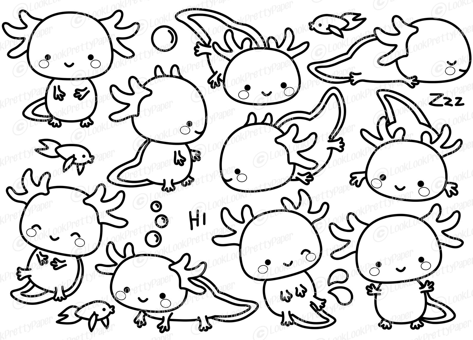 Premium Vector Clipart Kawaii Axolotl Outlines Cute - Etsy
