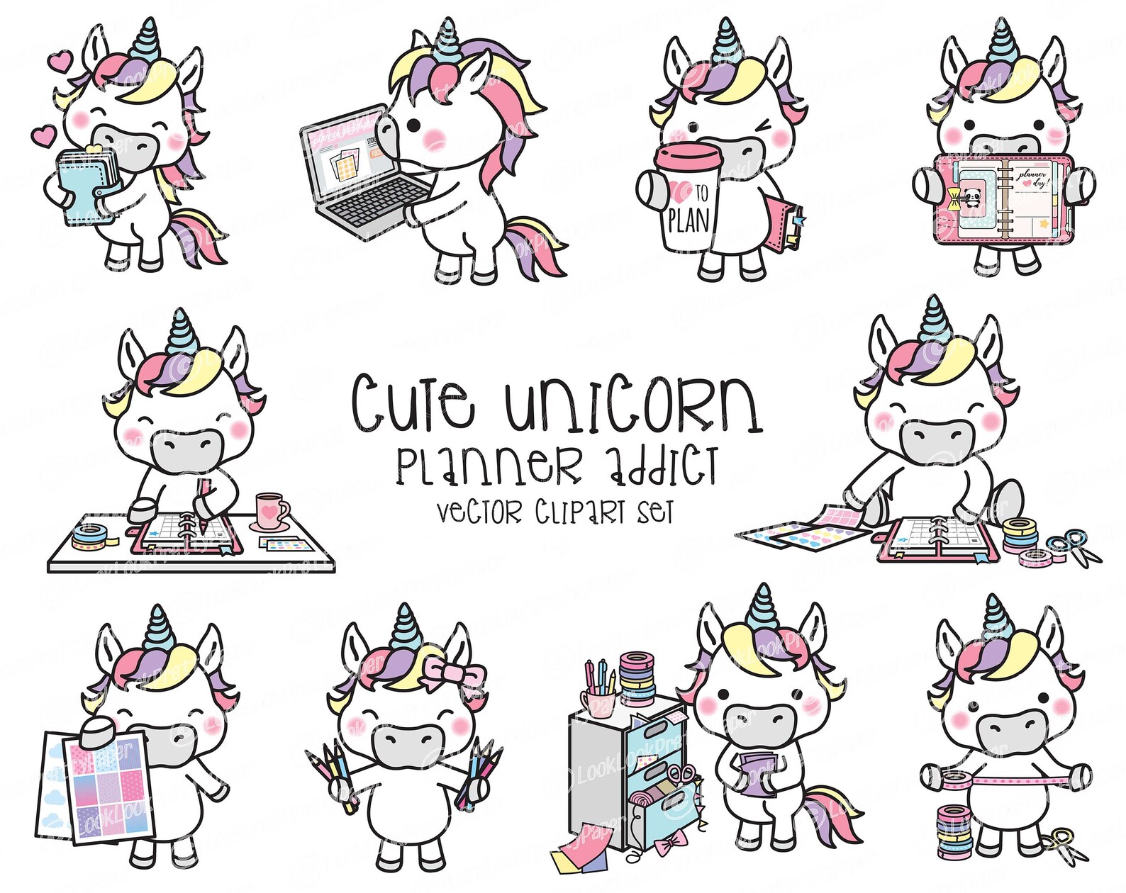 Premium Vector Clipart Kawaii Unicorn Cute Unicorn Planner | Etsy