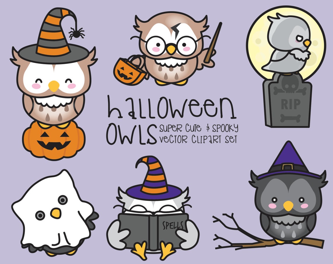 Premium Vector Clipart Kawaii Halloween Owls Cute | Etsy