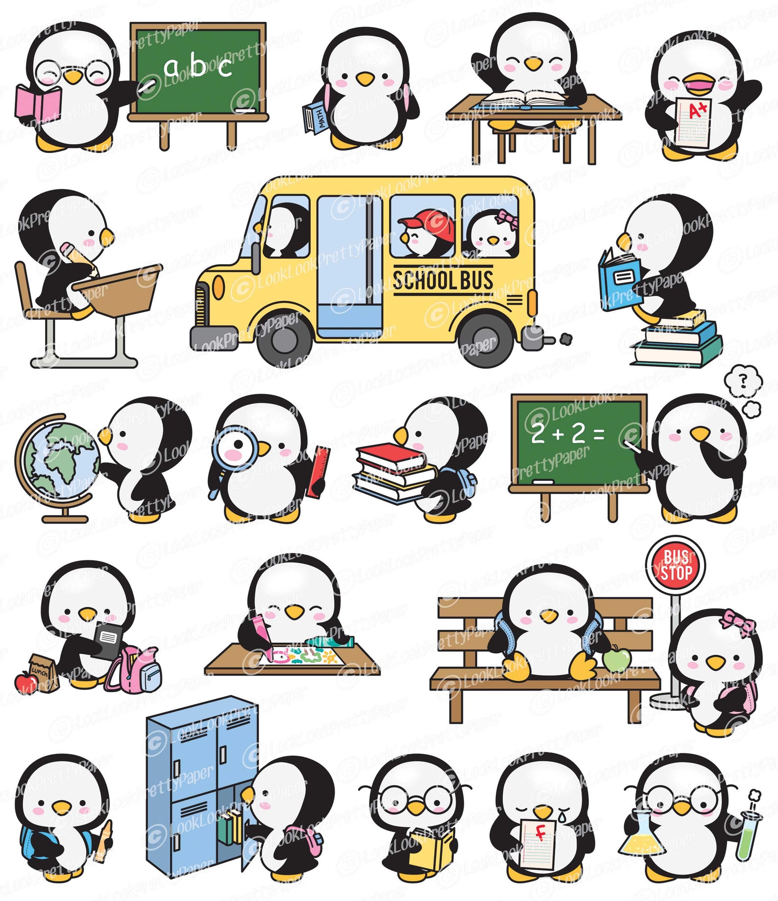 Premium Vector Clipart - Kawaii Penguins Back to School - Cute Penguins ...