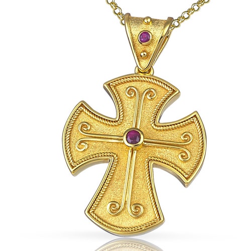 18K Gold Byzantine Filigree Ruby Cross Byzantine Cross Greek - Etsy