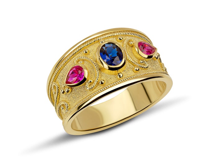 Ruby Sapphire Byzantine Ring, 18K Gold Byzantine Ring, Gemstone Solid ...