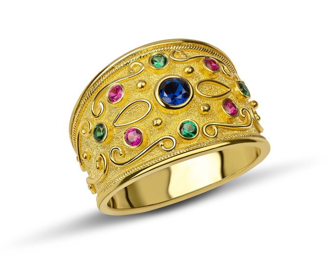Byzantine Ring, 18K Greek Ring, Sapphire Ruby Ring, 18k Gold Ring ...