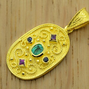 14K Solid Gold Natural Emerald Pendan Byzantine Style Natural Rubies ...