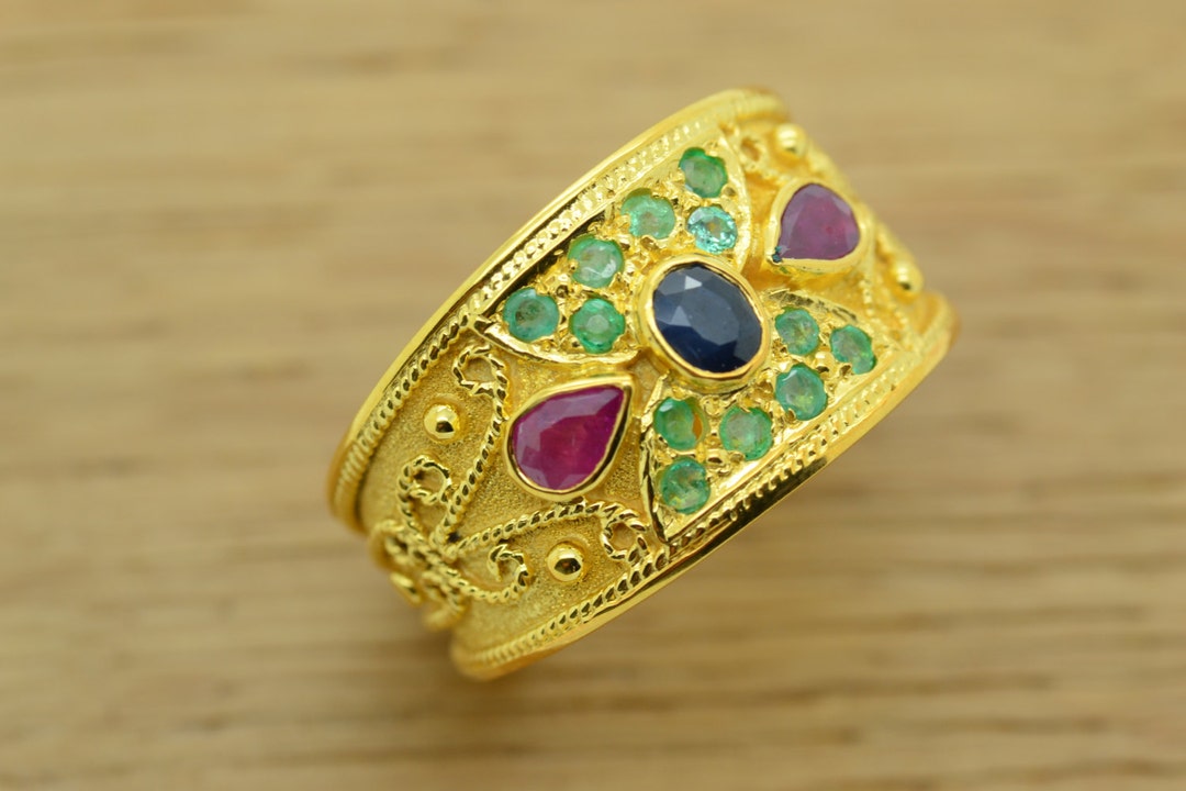 14K Gold Byzantine Ring, Natural Sapphire, Emerald, Ruby Gemstone - Etsy