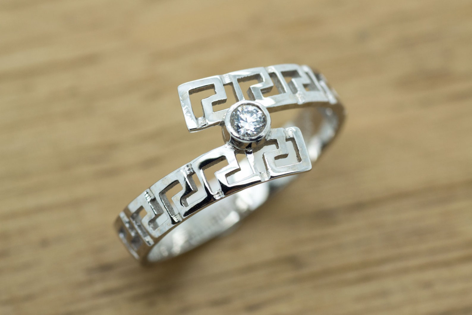 Engagement Ring 14K White Gold Greek Key Ring Round Cubic | Etsy