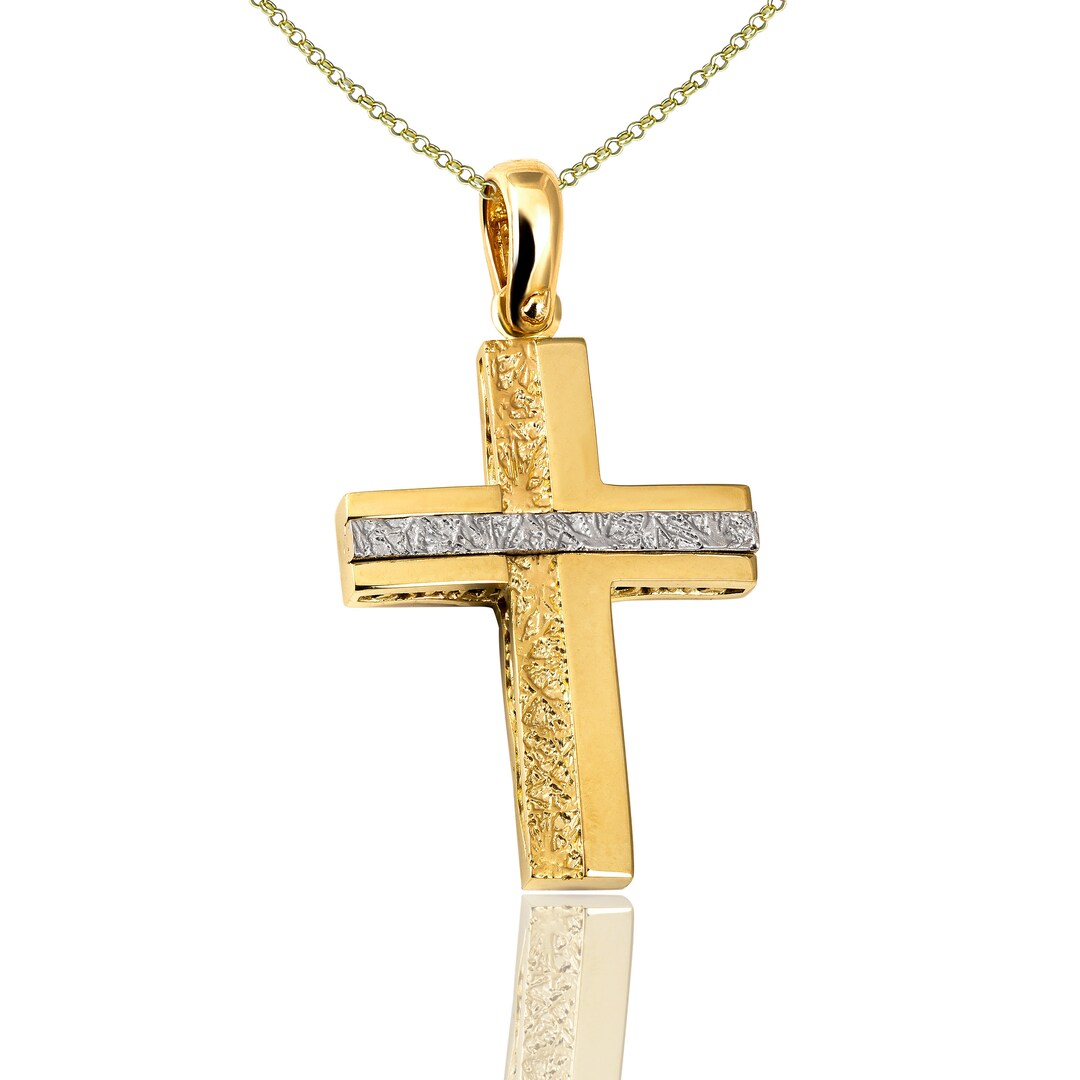Double Sided Gold Cross, 14k Baptism Cross, 14K Yellow Gold Cross ...