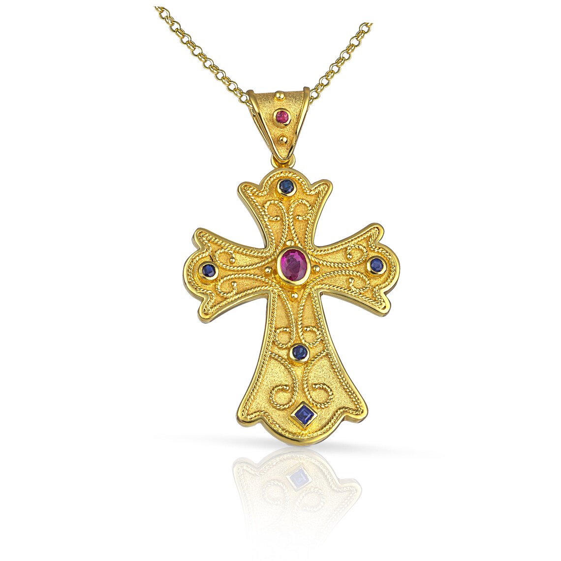 Ruby Sapphire Cross, 18K Solid Gold, Byzantine Cross, Greek Cross, Gold ...