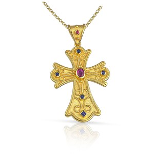 Ruby Sapphire Cross, 18K Solid Gold, Byzantine Cross, Greek Cross, Gold ...