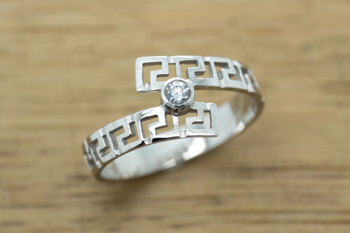 Engagement Ring 14K White Gold Greek Key Ring Round Cubic | Etsy