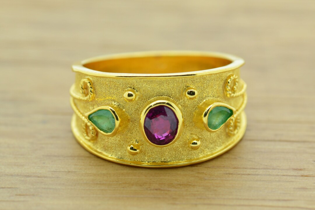 Antique Vintage Ruby Ring, 14k Yellow Gold Jewelry, Emerald Ruby Ring ...